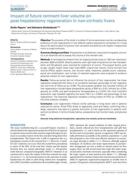 Pdf Impact Of Future Remnant Liver Volume On Post Hepatectomy Regeneration In Non Cirrhotic Livers