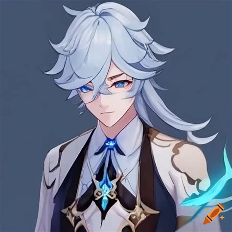 Elegant Male Character With White Hair And Blue Eyes From Genshin