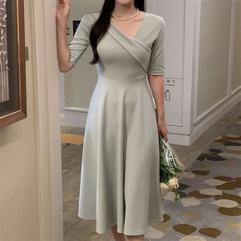 달리호텔 Dali Made 베르디 랩 브이넥 반팔 스판 슬림 A라인 플레어 롱 원피스하객룩