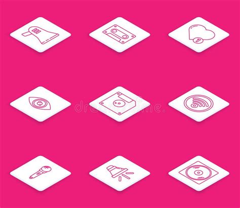 Set Line Megaphone Retro Audio Cassette Tape Like And Heart Eye Floppy Disk For Computer