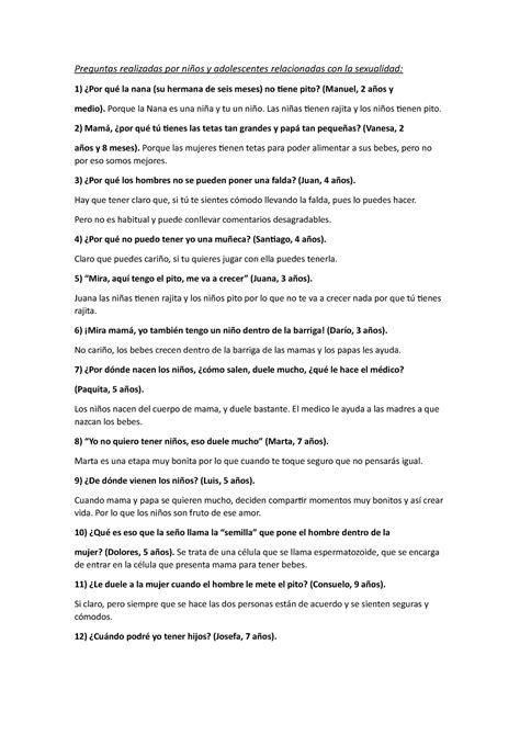 Practica de preguntas realizadas por niños y adolescentes relacionadas con la sexualidad