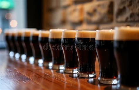 Many Dark Stout Beers In Glasses With Creamy Heads On Wooden Table In
