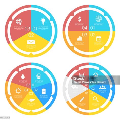 서클 다이어그램 옵션 웹 디자인 그래프 및 원형 인포그래픽을 위한 템플릿을 설정합니다 3 4 5 6 요소 단계 옵션을 갖춘 비즈니스 개념 0명에 대한 스톡 벡터 아트 및