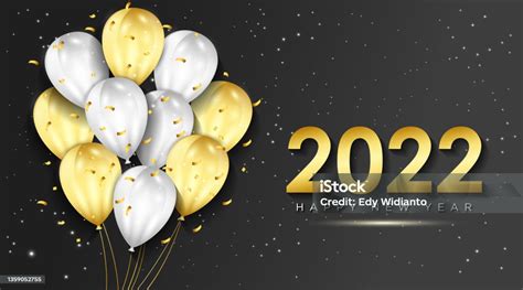현실적인 황금색과 흰색 풍선 축하 배경과 함께 2022 년 새해 맞이 카드 12월에 대한 스톡 벡터 아트 및 기타 이미지