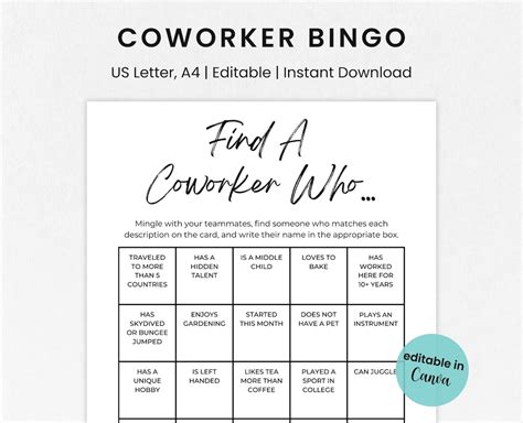 Editable Coworker Bingo Work Bingo Office Bingo Printable Bingo Game