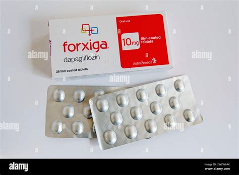 Packet Of 28 Dapagliflozin 10mg Film Coated Tablets On White Background