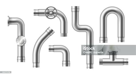 금속 파이프 라인 연결 및 밸브가 있는 현실적인 산업 도관 3d 스테인레스 스틸 튜브 3차원 형태에 대한 스톡 벡터 아트 및 기타 이미지 3차원 형태 강철 건설 산업