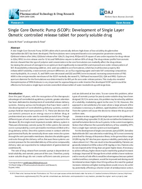 Pdf Single Core Osmotic Pump Scop Development Of Single Layer Osmotic Controlled Release