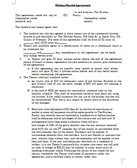 Commercial Kitchen Rental Agreement Template Creative Template