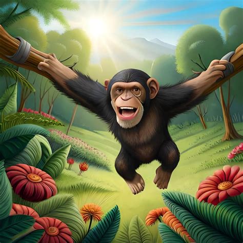 Premium Ai Image A Chimpanzee Is Swinging In A Jungle With Flowers