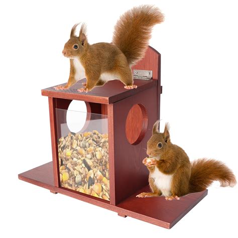 Suewidfay Squirrel Feeder With Lift Up Lid Wooden Squirrel Feeders For Outdoor Winter Garden