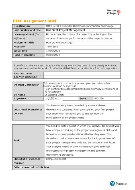 Unit 9 Assignment 3 Brief For Learning Aim D It Project Management 2023 24 Mit3018 Btec