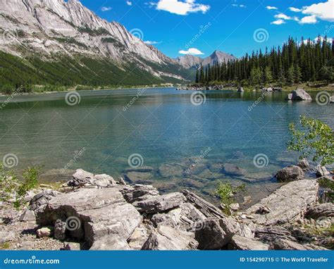 Medicine Lake Rocks And Mountains In Canada Stock Image Image Of