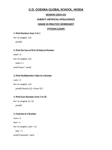Python Loops Practice For Ai Grade Xi Pdf