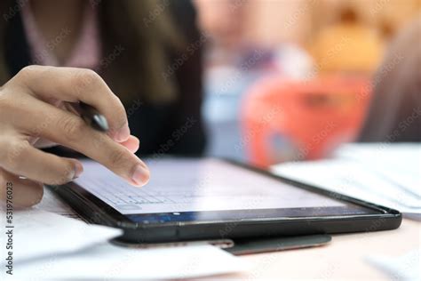 Asian Woman Teacher Using Finger Touching Gadget Choose App On Smartphone Mobile Phone Browsing