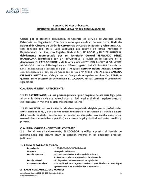 Contrato De Asesoría Backus Comuna Pdf Sentencia Ley Justicia
