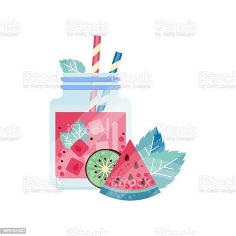 유리 항아리 상쾌한 음료 얼음 조각 및 마시는 빨 대와 함께 수 박과 키 위 주스입니다 채식 칵테일을 상쾌 건강 음료입니다 평면 벡터 디자인 0명에 대한 스톡 벡터 아트 및