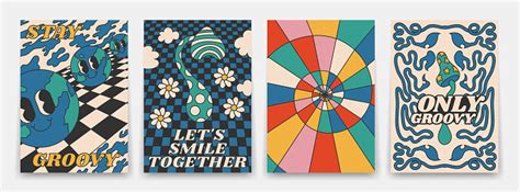 밝은 그루비 포스터 70 년대 사이키델릭 버섯 행성 캐릭터와 나선형 무지개 빈티지 프린트 고립된 복고풍 포스터 그루브 음악에