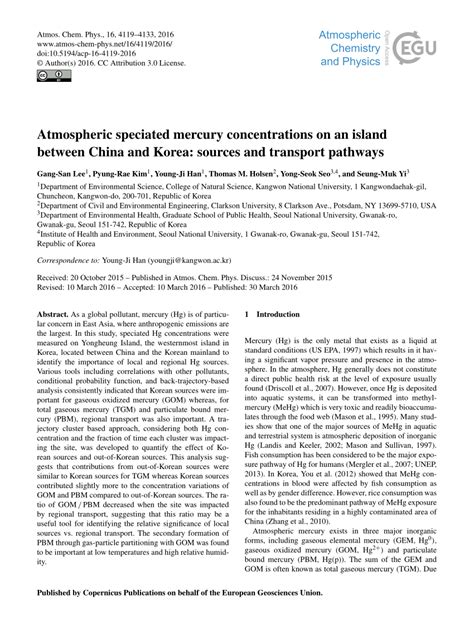 Pdf Atmospheric Speciated Mercury Concentrations On An Island Between China And Korea Sources