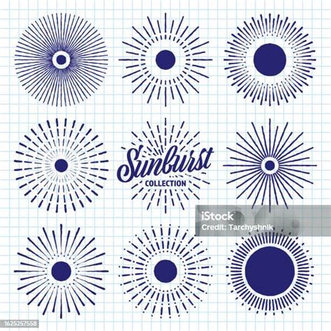 손으로 그린 빈티지 햇살 바둑판 무늬 종이 시트에 일몰 광선 폭발하는 태양 광선 복고풍 스타일의 로고 타입 또는 레터링 디자인 요소 그림을 그리기 위한 학교 공책 벡터 그림