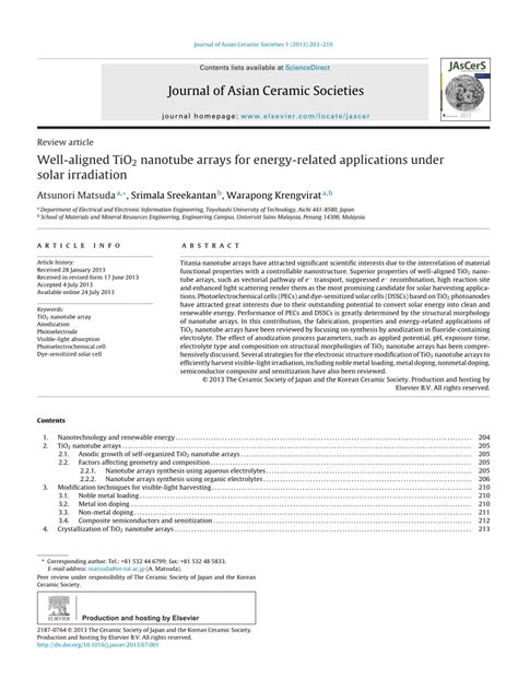 Pdf Well Aligned Tio2 Nanotube Arrays For Energy Related Applications Under Solar Irradiation