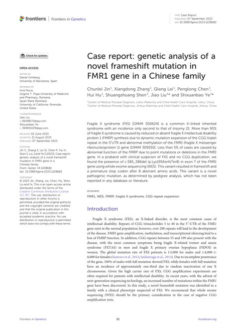 Pdf Case Report Genetic Analysis Of A Novel Frameshift Mutation In
