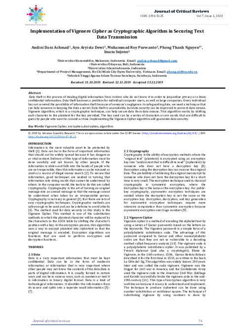 Pdf Implementation Of Vigenere Cipher As Cryptographic Algorithm In