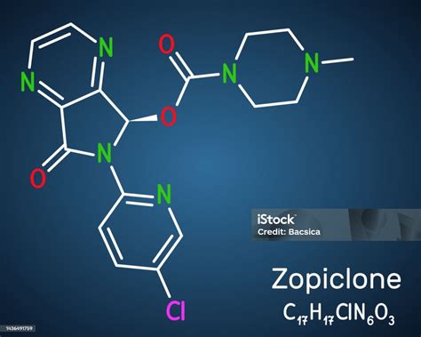 조피클론 분자 그것은 비 벤조디아제핀 최면이며 수면 장애를 치료하는 데 사용됩니다 진한 파란색 배경의 구조 화학 공식 0명에 대한 스톡 벡터 아트 및 기타 이미지 Istock