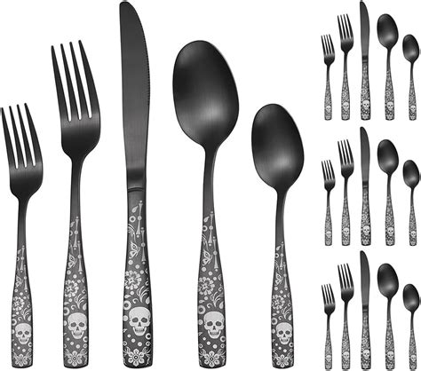 Xiaoyu 20 Piece Black Bizarre Skull Flatware Set Gothic Matte