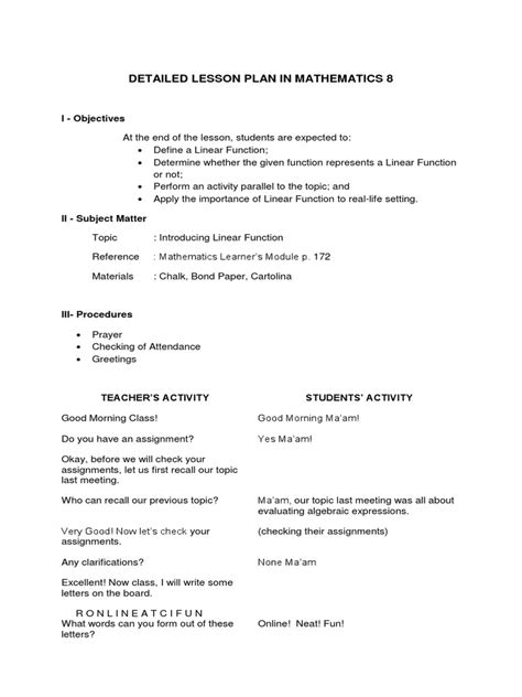 Detailed Lesson Plan For Introducing Linear Function Pdf Lesson Plan Function Mathematics