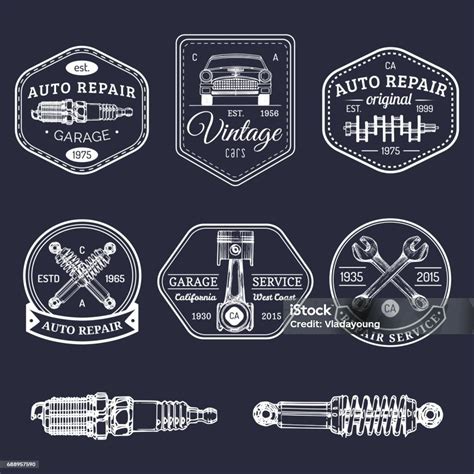 차고 아이콘 설정합니다 자동차 수리 엠 블 럼 컬렉션입니다 벡터 빈티지 광고 포스터 등에 대 한 자동 서비스 표지판을 스케치 했다 0명에 대한 스톡 벡터 아트 및 기타