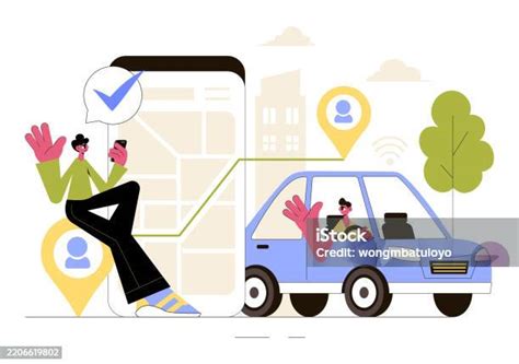 한 장소에서 다른 장소로 승객을 수송하기 위해 차량을 사용하는 공유 운송 서비스를 특징으로하는 승차 공유 벡터 일러스트 레이 션 거리에 대한 스톡 벡터 아트 및 기타 이미지