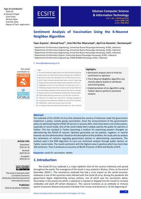 Pdf Sentiment Analysis Of Vaccination Using The K Nearest Neighbor Algorithm