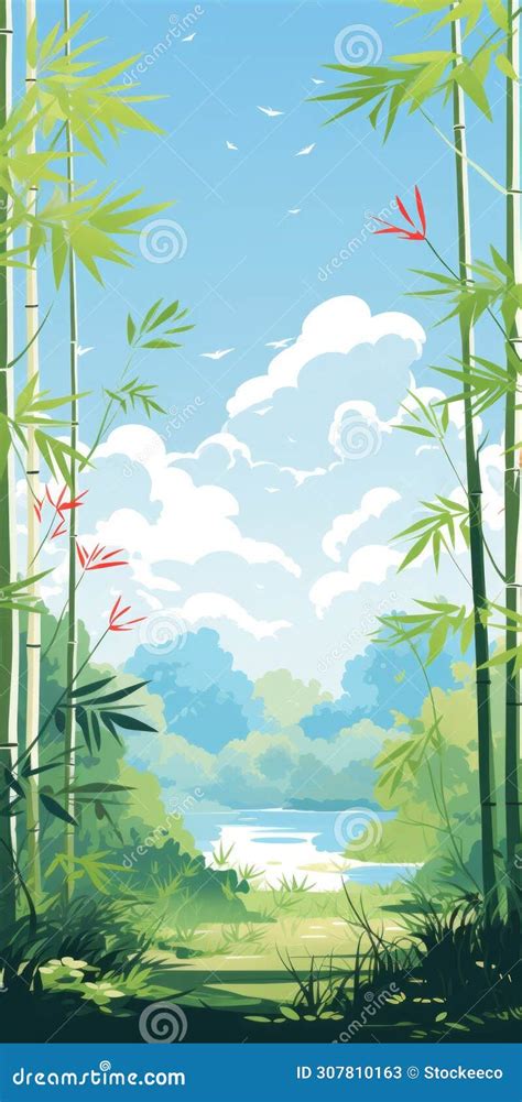 Bamboo Forest Cartoon Illustration With Sky Blue And Red Colors Stock Illustration