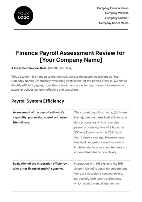 Free Finance Payroll Assessment Review Template To Edit Online