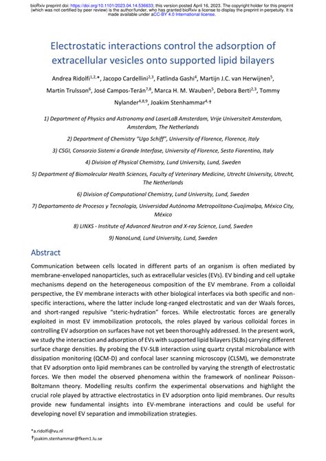 Pdf Electrostatic Interactions Control The Adsorption Of