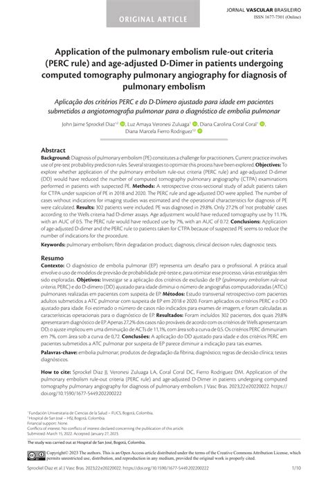 Pdf Application Of The Pulmonary Embolism Rule Out Criteria Perc Rule And Age Adjusted D