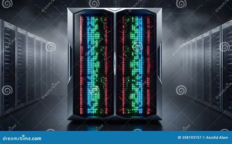 A Glowing Server Rack With Blinking Lights In A Dimly Lit Data Center