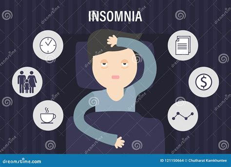 Sleepless Man Face Cartoon Character Suffers From Insomnia Stock