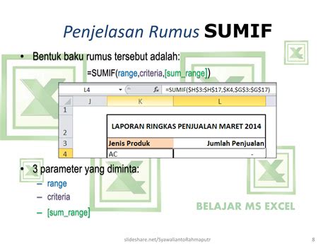 Belajar Ms Excel Rumus Sumif Penjumlahan Pintar Memilih Data Berdasarkan Kriteria Pptx