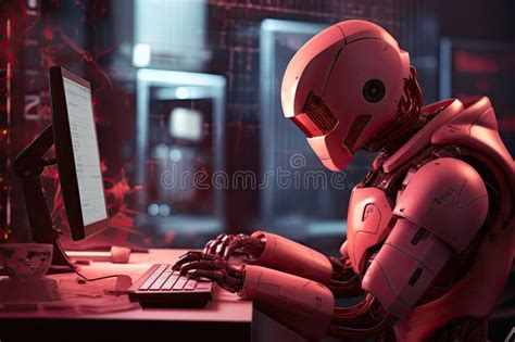 robot work on computer in office digital technology ai generated stock