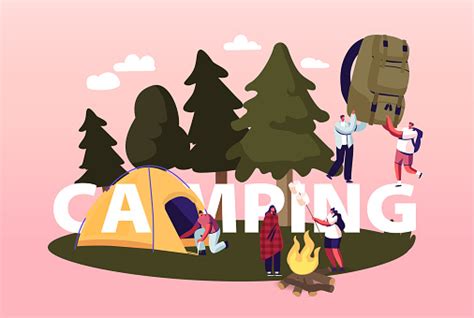 캠핑 컨셉 캐릭터는 숲의 여름 캠프에서 시간을 보낸다 캠프파이어에 관광객 세트 텐트 마시멜로 튀김 개념에 대한 스톡 벡터 아트 및 기타 이미지 Istock