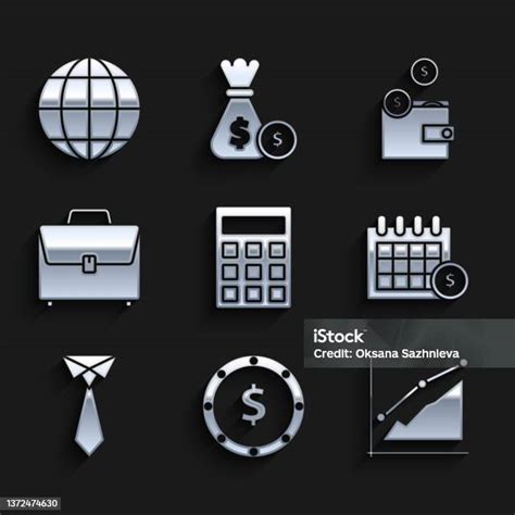 세트 계산기 달러 기호와 동전 돈 파이 차트 인포 그래픽 금융 달력 넥타이 서류 가방 지갑 동전과 지구 지구 아이콘 벡터 가방에