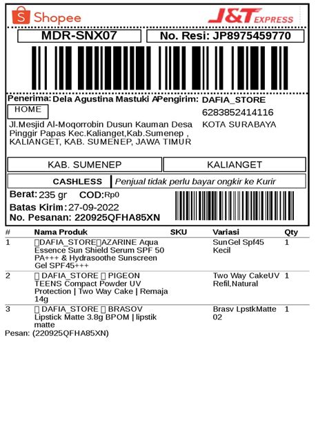 Contoh Label Resi Otomatis Di Shopee Pdf