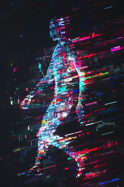 Abstract Digital Art With Neon Silhouettes And Dynamic Glitch Effects Stock Image Image Of