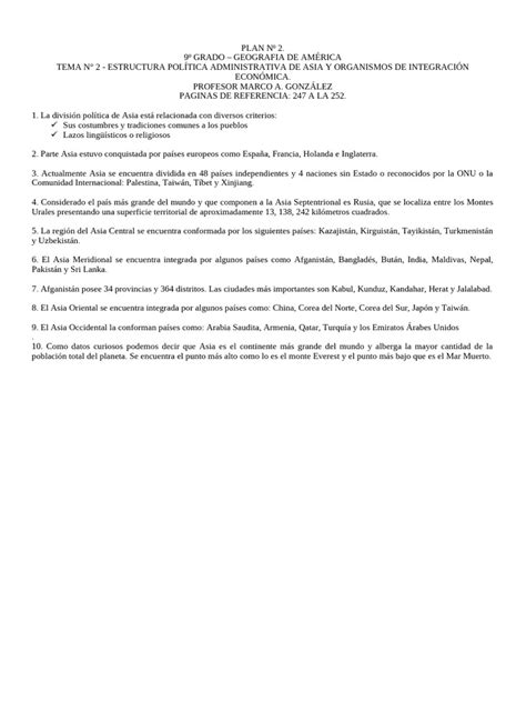 10329464 9° Grado Plan N° 2 Estructura PolÍtica Administrativa De Asia Y Organismos De