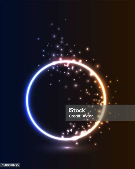 짙은 파란색 배경에 조명과 하이라이트가 있는 네온 원형 프레임 0명에 대한 스톡 벡터 아트 및 기타 이미지 0명 3차원 형태 Led 조명 Istock