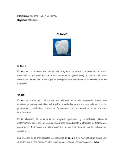 Características Y Usos Del Talco Mineral Pdf Minerales Materiales