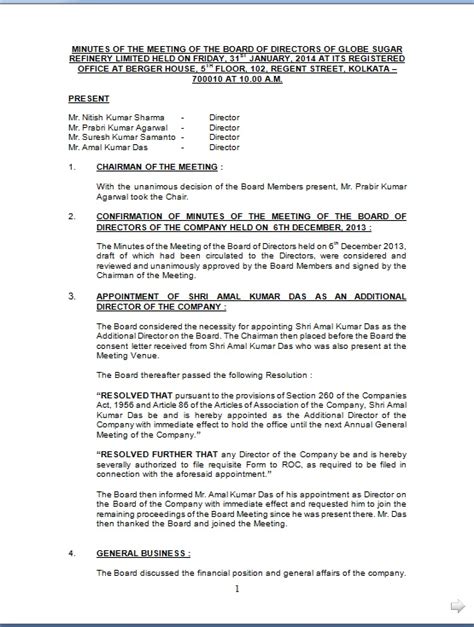 Additional Director Appointment Board Resolution Format In Word