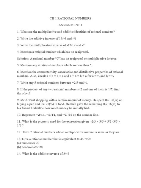 Rational Numbers Assignment Pdf